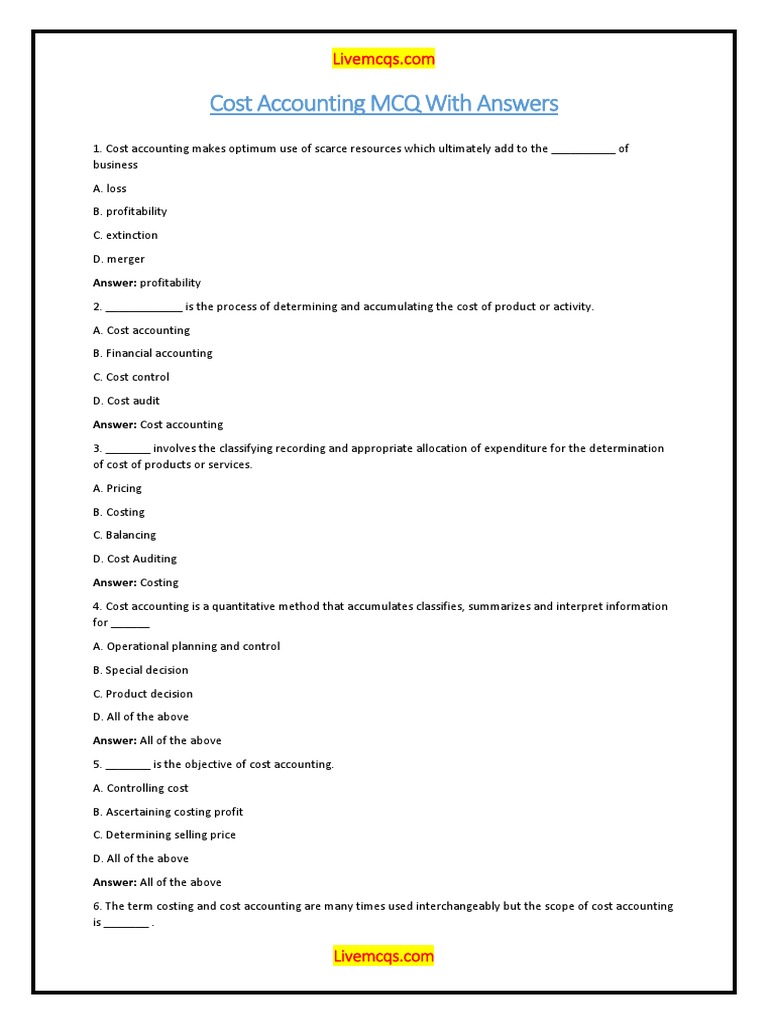 Cost Accounting MCQ With Answer PDF | PDF | Cost Accounting | Accounting
