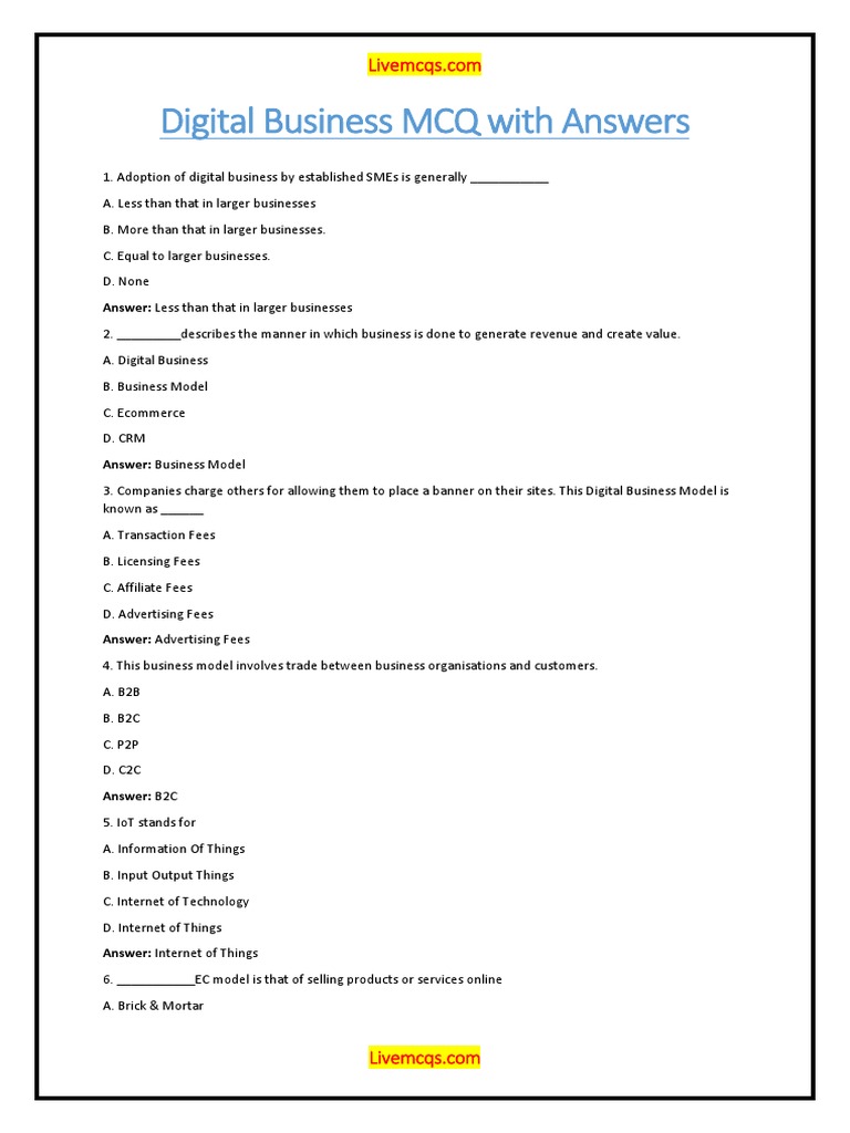 Digital Business MCQ With Answer PDF | PDF | Electronic Business ...