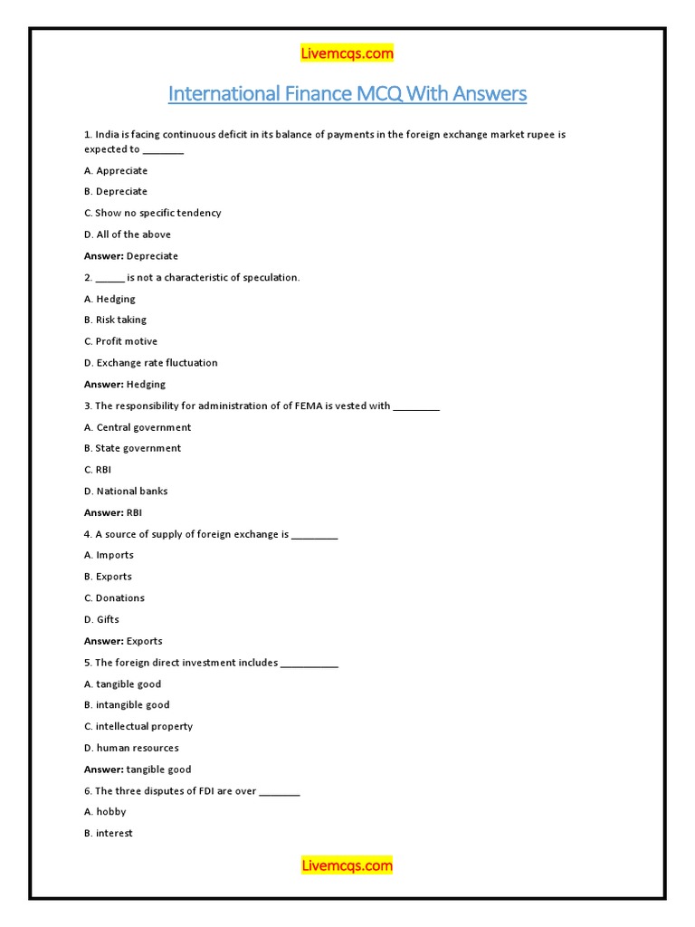 International Finance MCQs and Answers | PDF | Reserve Bank Of India ...
