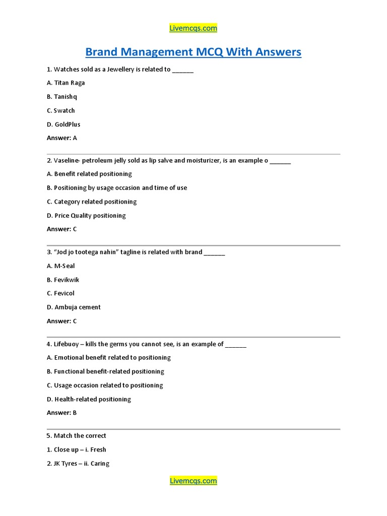 Brand Management MCQs and Answers | PDF | Marketing | Brand