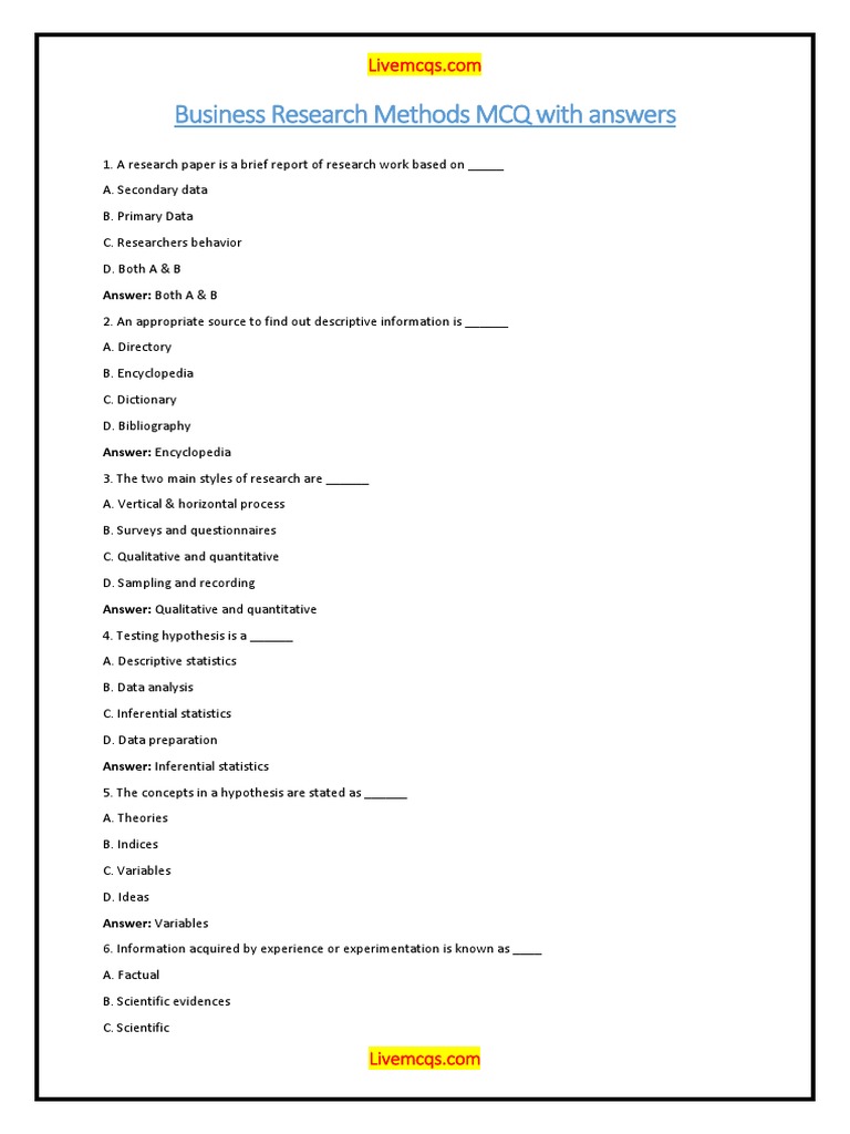Business Research Methods MCQ With Answer PDF | PDF | Scientific Method | Data