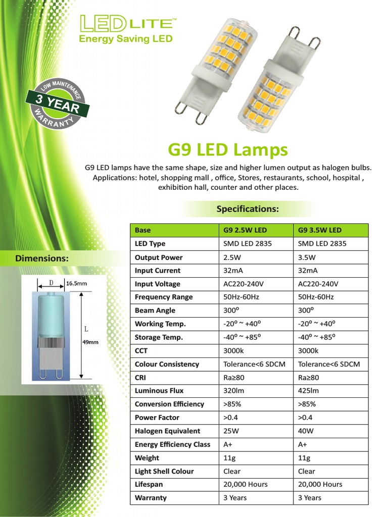 LED G9 Datasheet | PDF | Light | Electrical Components