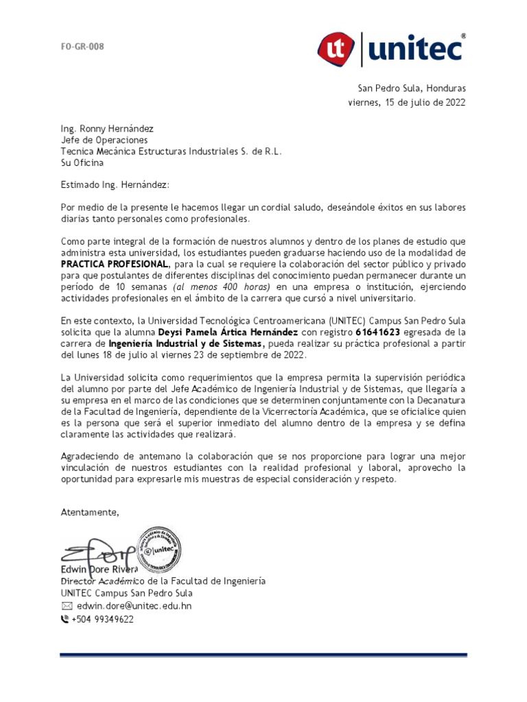 Solicitud de Práctica Profesional UNITEC | PDF