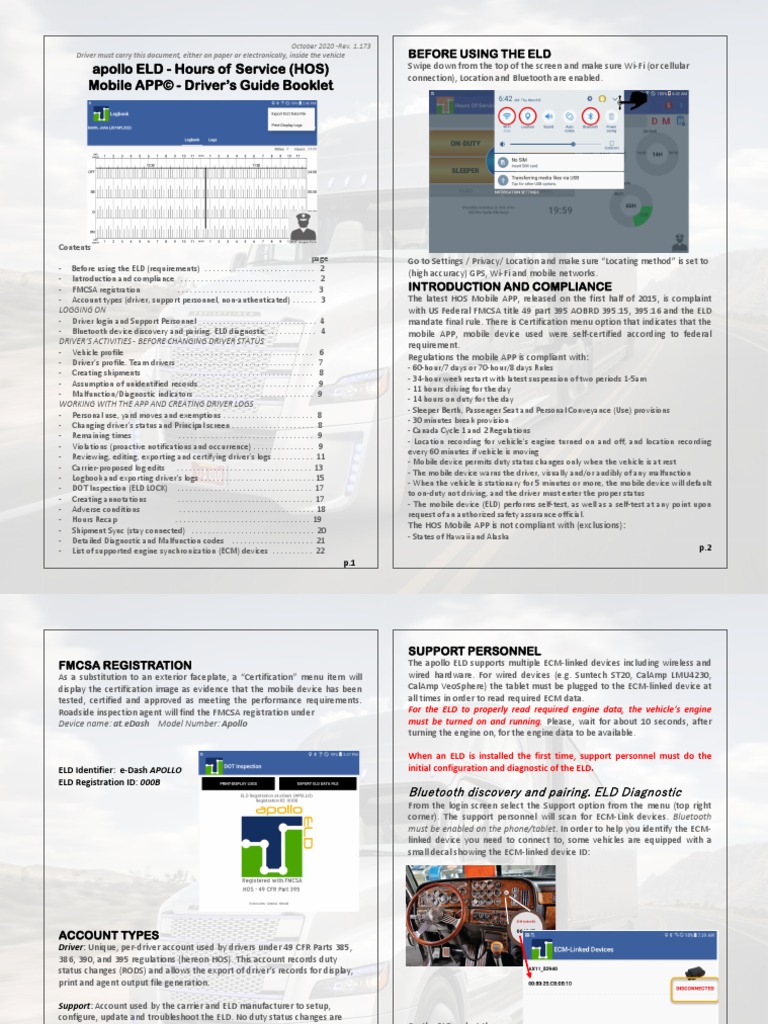 Apollo ELD - Hours of Service (HOS) Mobile APP© - Driver's Guide Booklet | PDF | Bluetooth | Usb ...