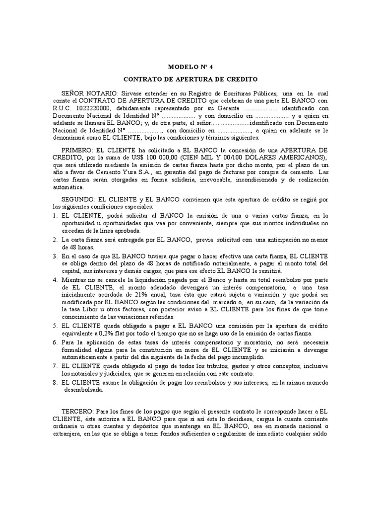 Modelo #4 Contrato de Apertura de Credito | PDF | Bancos | Pagos