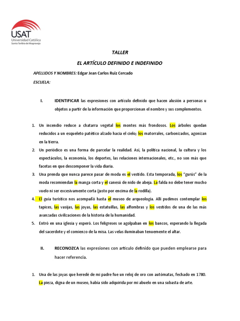 Actividades sobre artículos definidos e indefinidos | PDF | Libros para ...