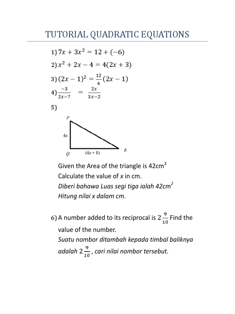 Tutorial Quadratic Equations | PDF | Teaching Methods & Materials ...