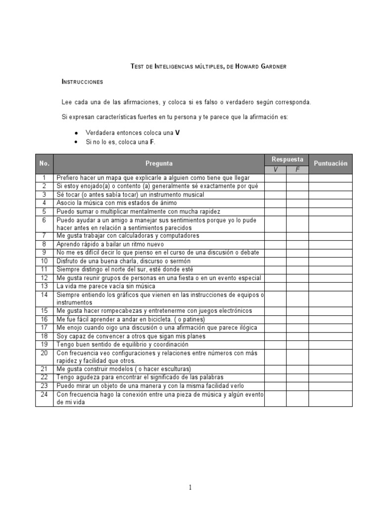 Test de Inteligencias Múltiples, de Howard Gardner | PDF