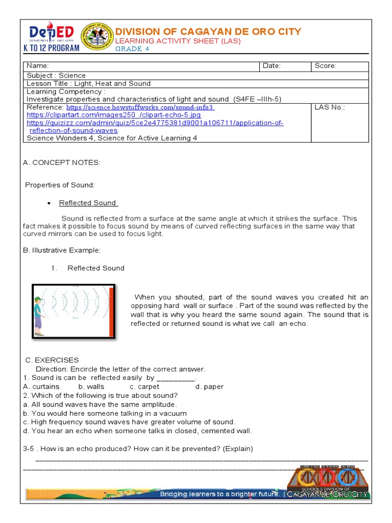 Grade 4 Science: Light, Heat & Sound LAS | PDF | Sound | Light