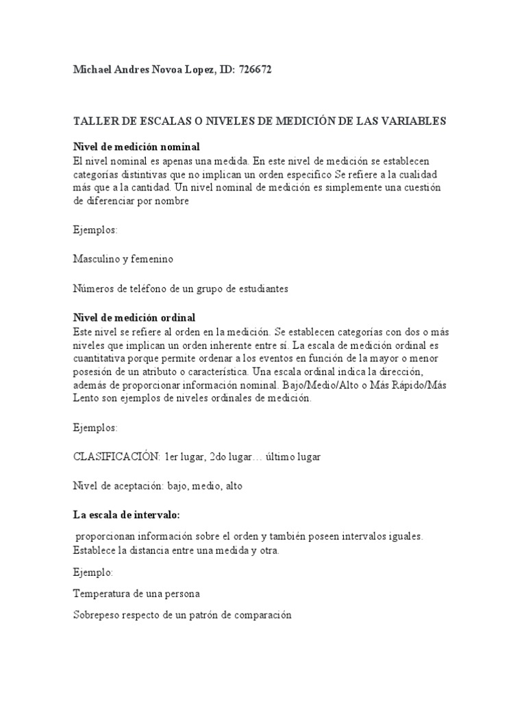 Taller De Escalas O Niveles De Medición De Las Variables Pdf