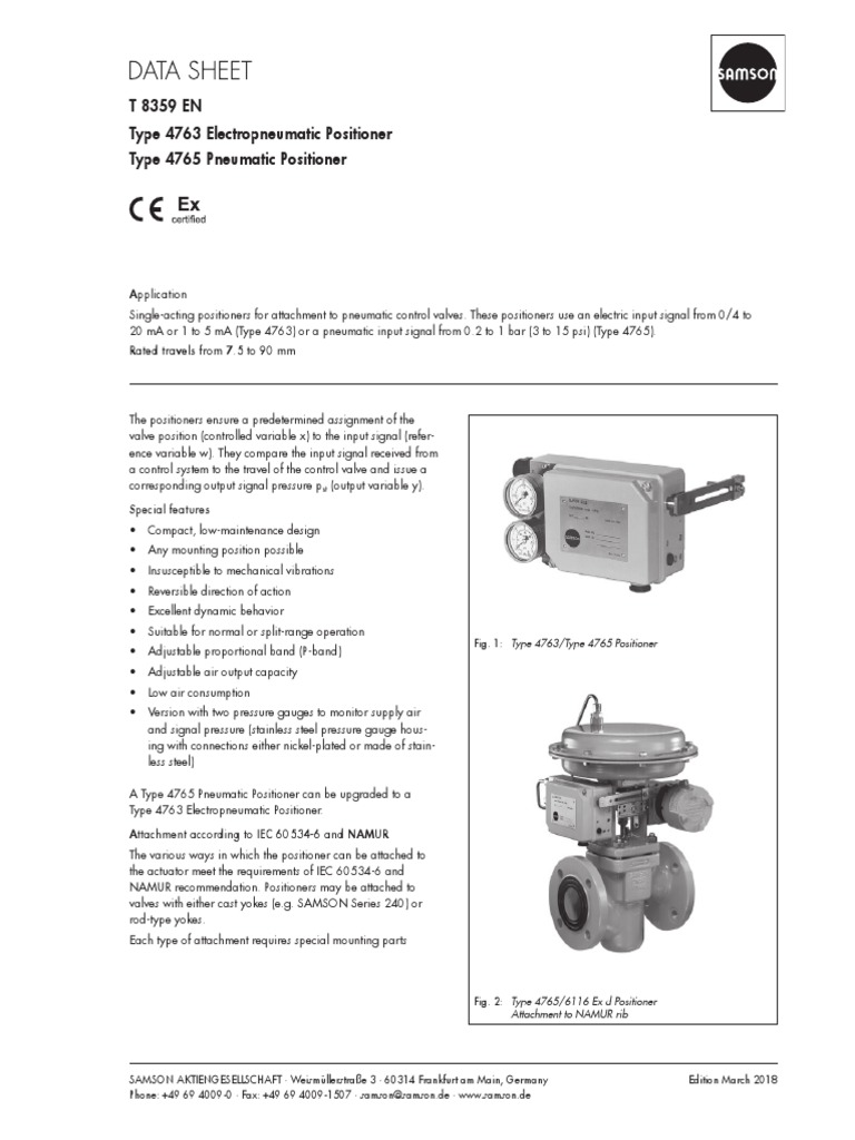 T 8359 EN Type 4763 Electropneumatic Positioner Type 4765 Pneumatic ...