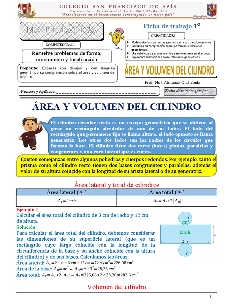 Ficha de Área y Volumen Del Cilindro | PDF | Geometría | Pi