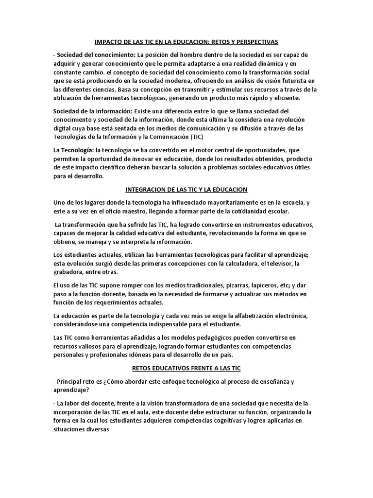 Impacto De Las Tic En La Educacion Pdf Tecnología De Información Y