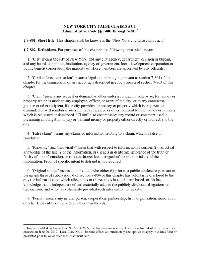 NYC False Claims Act | PDF | Complaint | Costs In English Law