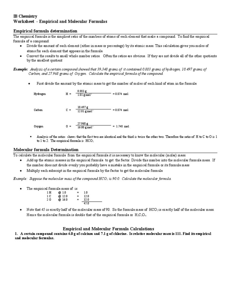 Worksheet - Empirical and Molecular Formulas Empirical Formula ...