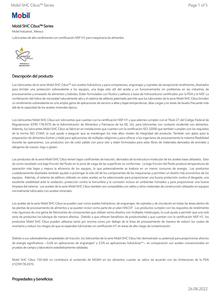 6.1 Mobil SHC Cibus Series FT | PDF | Rodamiento (Mecánico) | Lubricante