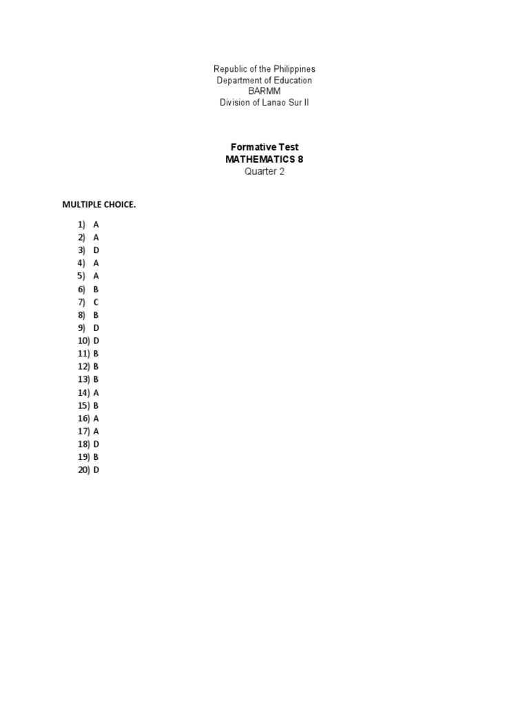 Formative Test Answer Key (Grade 8) | PDF
