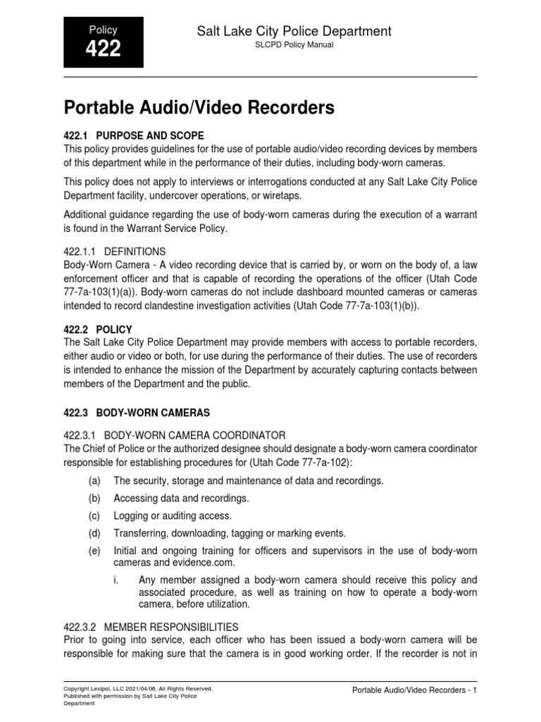 SLCPD Body-Worn Camera Policy | PDF | Police | Justice