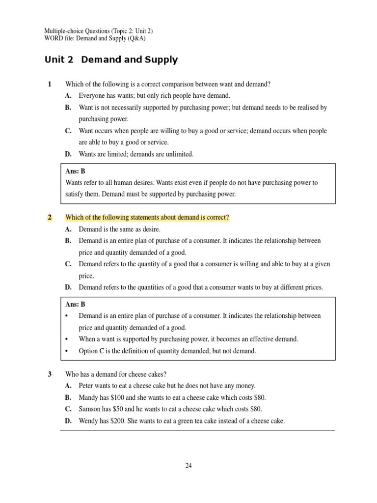 Multiple-Choice Questions (Topic 2: Unit 2) WORD File: Demand and ...