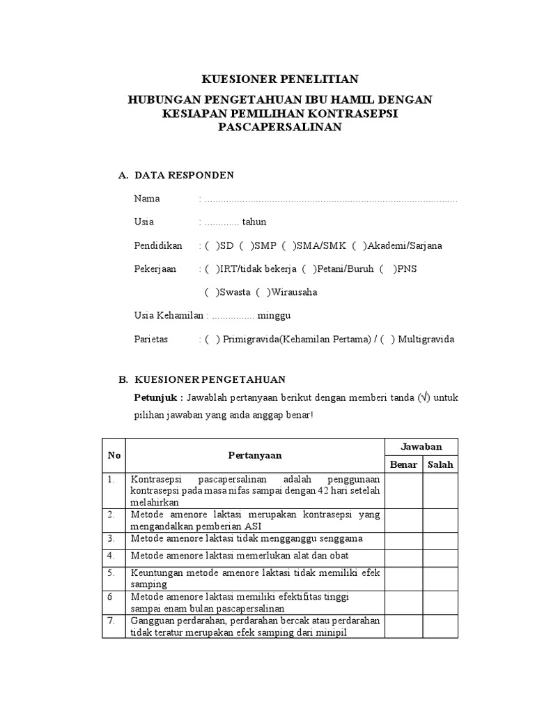 Kuesioner Penelitian - Hubungan Pengetahuan Ibu Hamil Tentang Metode Kontrasepsi Pascapersalinan ...