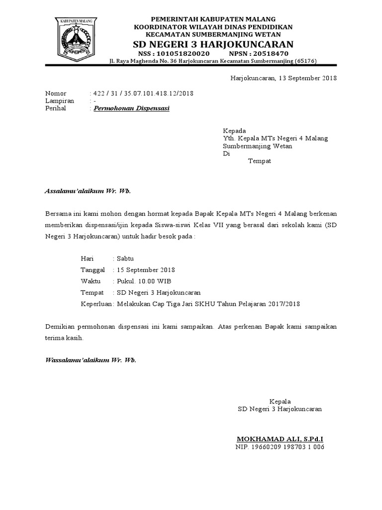 Surat Dispensasi Cap Tiga Jari | PDF
