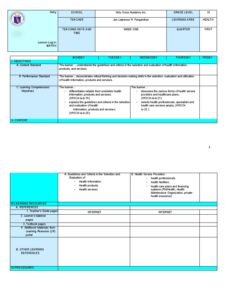 Q1 Grade 10 HEALTH DLL Week 1 | PDF | Learning | Teachers
