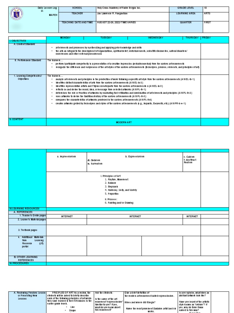 Grade 10 MAPEH Arts Lesson Plan | PDF | Abstract Art | Impressionism