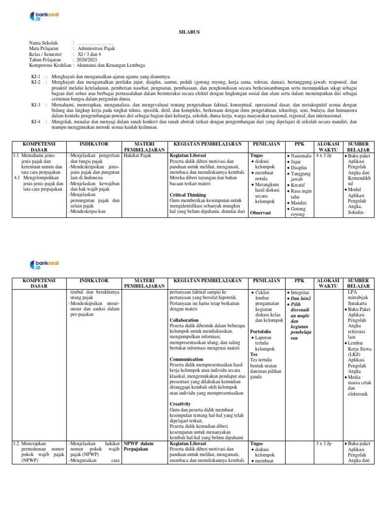 Silabus Administrasi Pajak Kelas 11 Tahun 2021 2022 | PDF