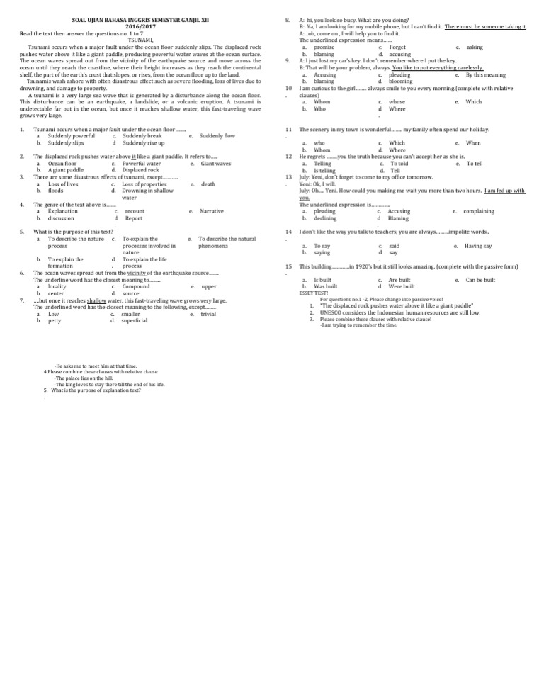 Soal Ujian Bahasa Inggris Semester Ganjil Xii 2016/2017 Read The Text Then Answer The Questions ...