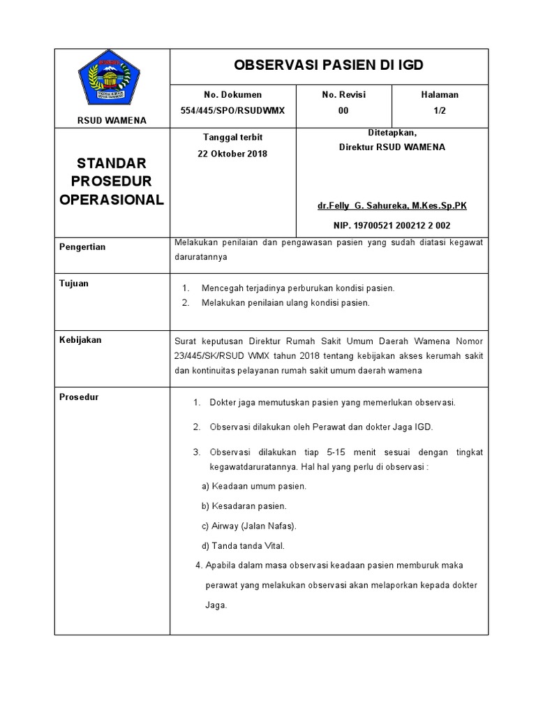 Spo Observasi Pasien Di Igd | PDF