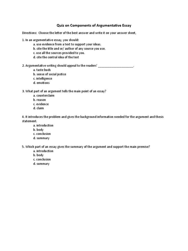 Argumentative Essay Quiz | PDF