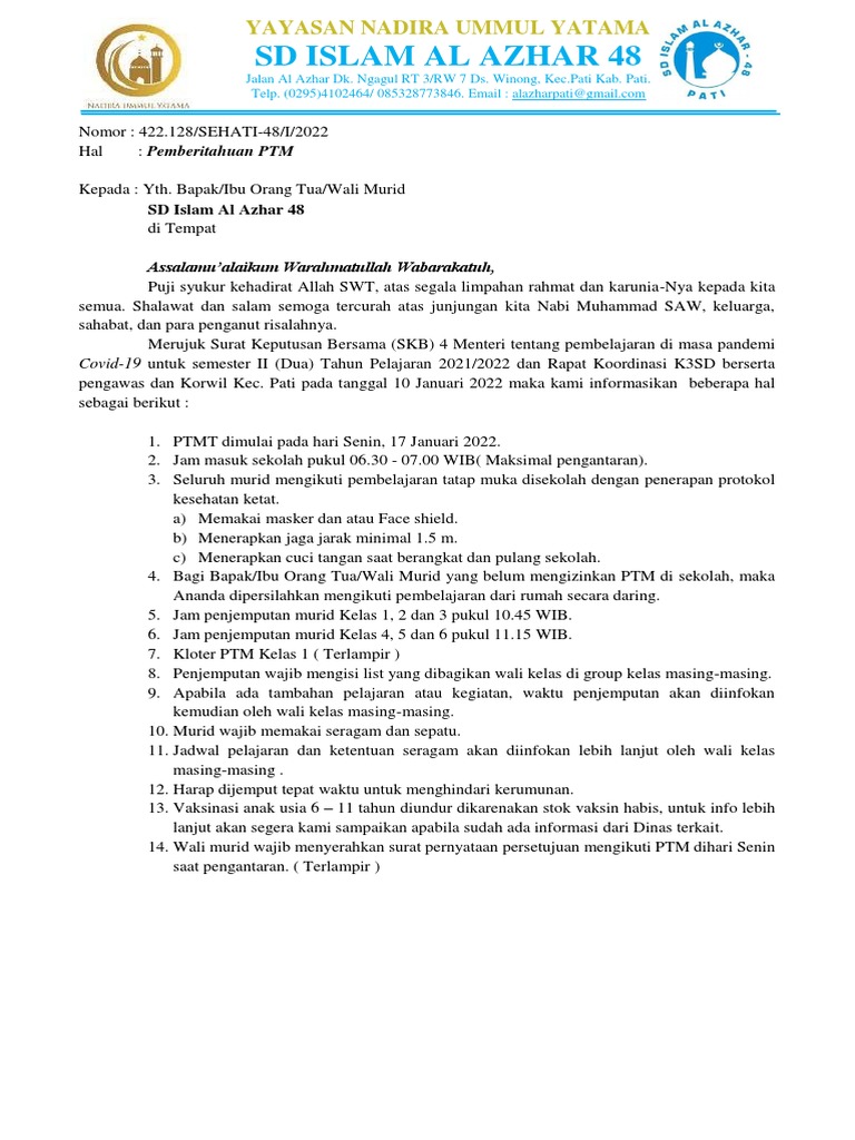 Pemberitahuan PTM SD Islam Al Azhar 48 | PDF