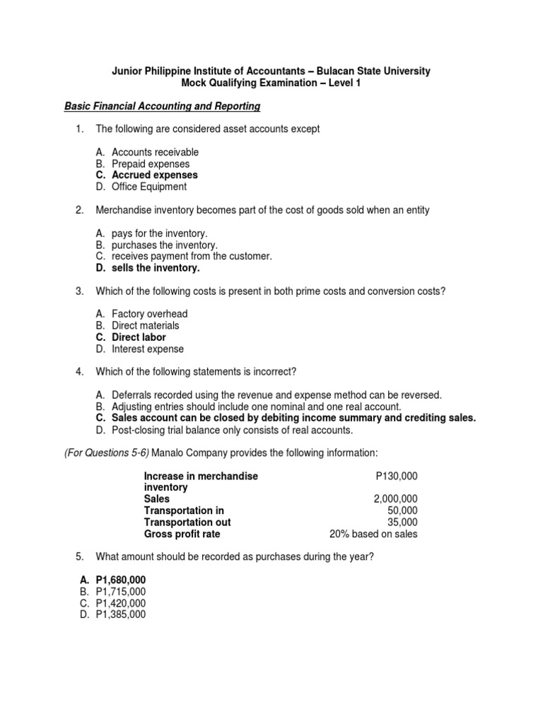 Level 1 Mock Quali Q and As | PDF | Cost Of Goods Sold | Historical Cost