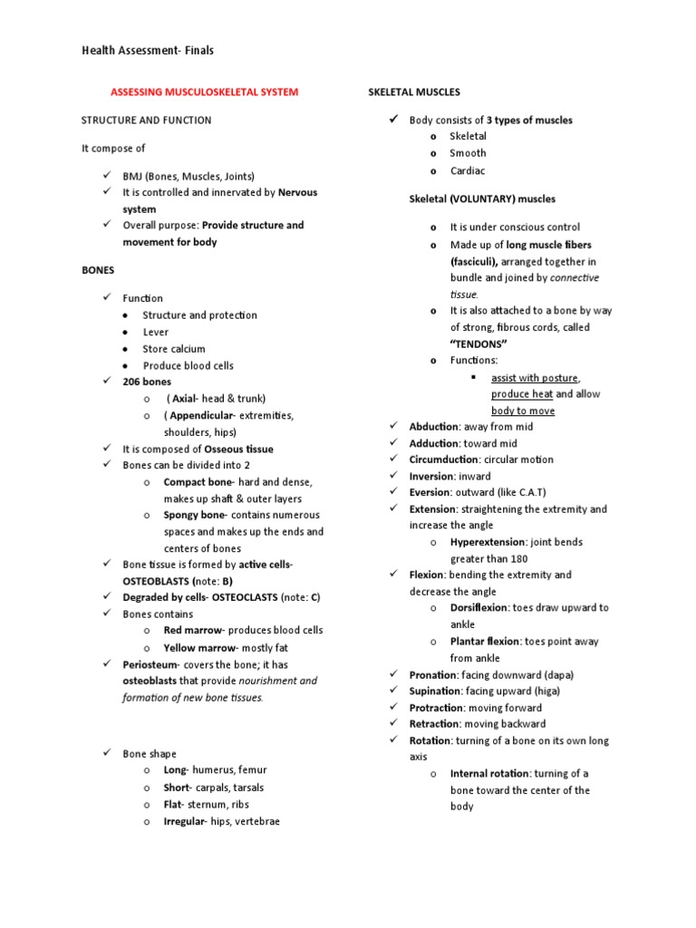 Health Assessment-Finals: Assessing Musculoskeletal System | PDF ...