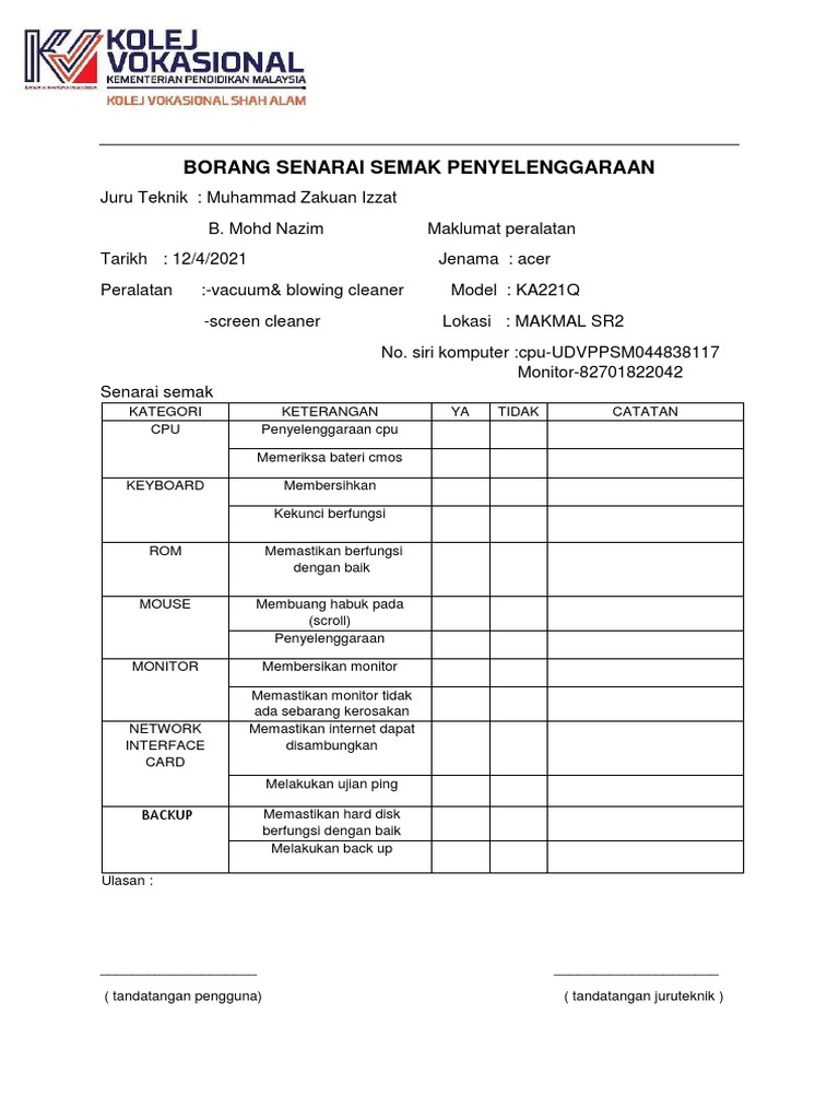 Borang Senarai Semak Penyelenggaraan | PDF