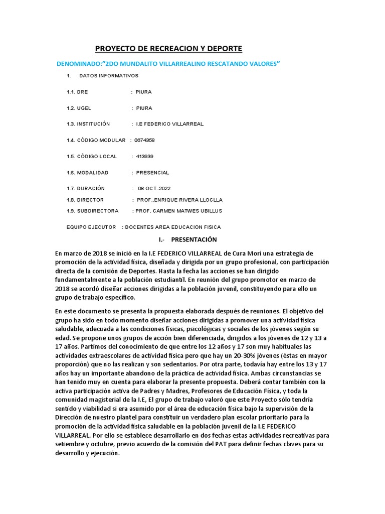 Proyecto de Recreación y Deporte Escolar | PDF | Deportes | Recreación
