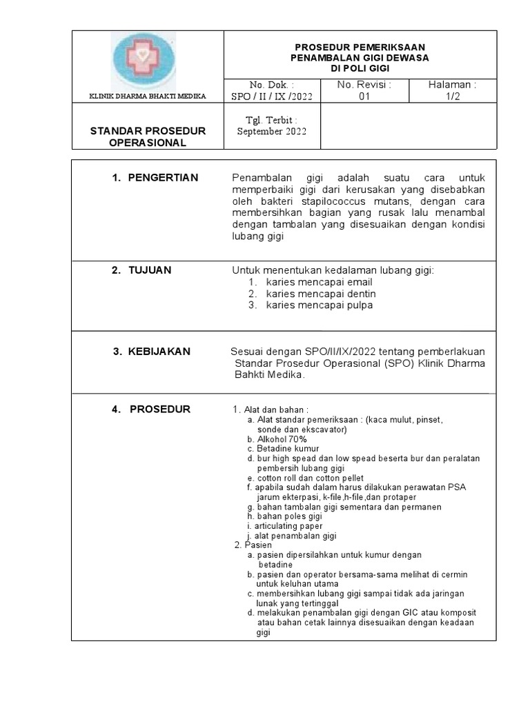Sop - Penambalan Gigi Dewasa | PDF