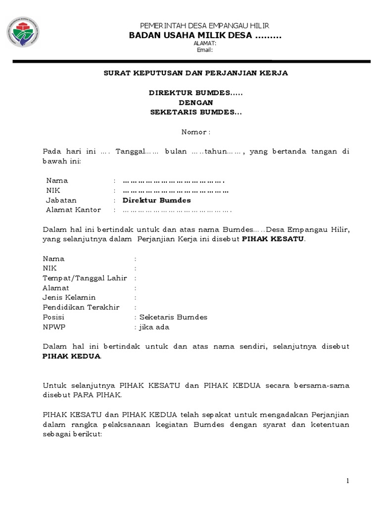 Contoh SK Direktur Bumdes Untuk Seketaris Dan Bendahara | PDF