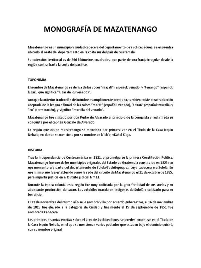 Monografía de Mazatenango | PDF | Viajes y turismo