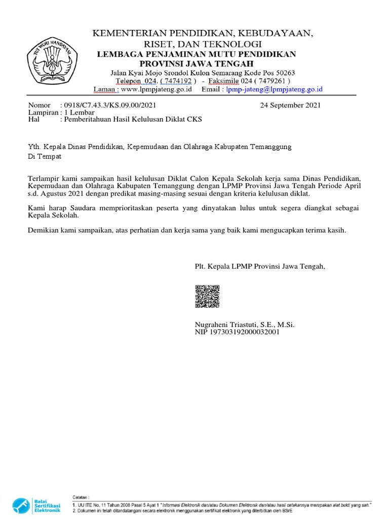 Hasil Kelulusan Diklat CKS Temanggung 2021 | PDF