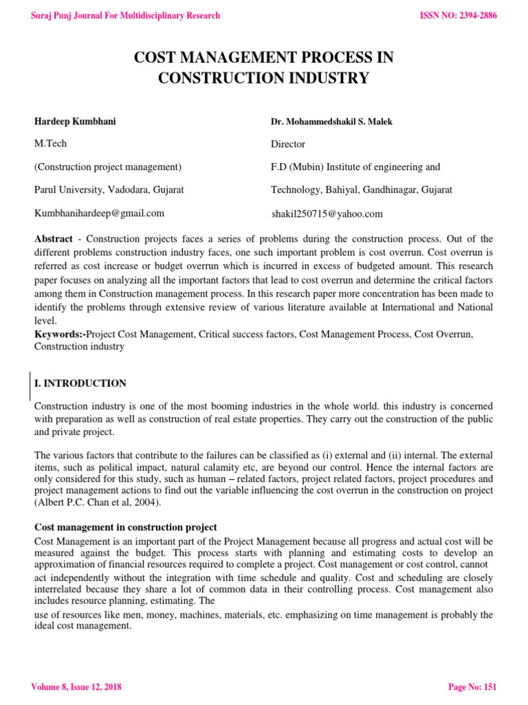 Cost Management Process in Construction Industry: Hardeep Kumbhani ...