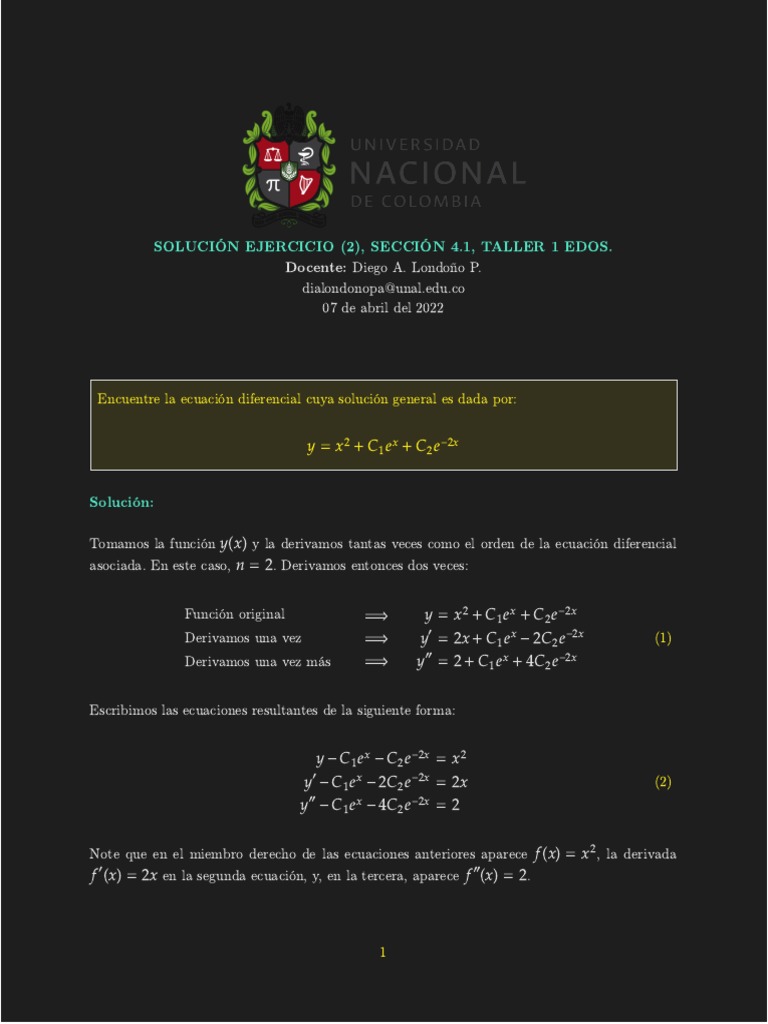 Solución Ejercicio (2), Sección 4.1, Taller 1 EDOS | PDF | Ecuación diferencial ordinaria ...