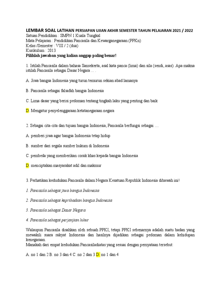 Lembar Soal Latihan Persiapan Ujian Akhir Semester Tahun Pelajaran 2021 | PDF