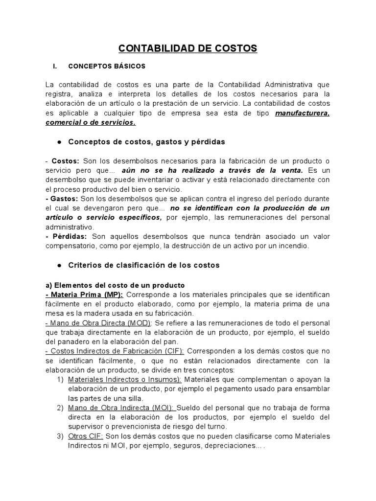 Apunte Sobre Conceptos Básicos, Estados de Costos y Métodos de Costeo | PDF | Costo ...