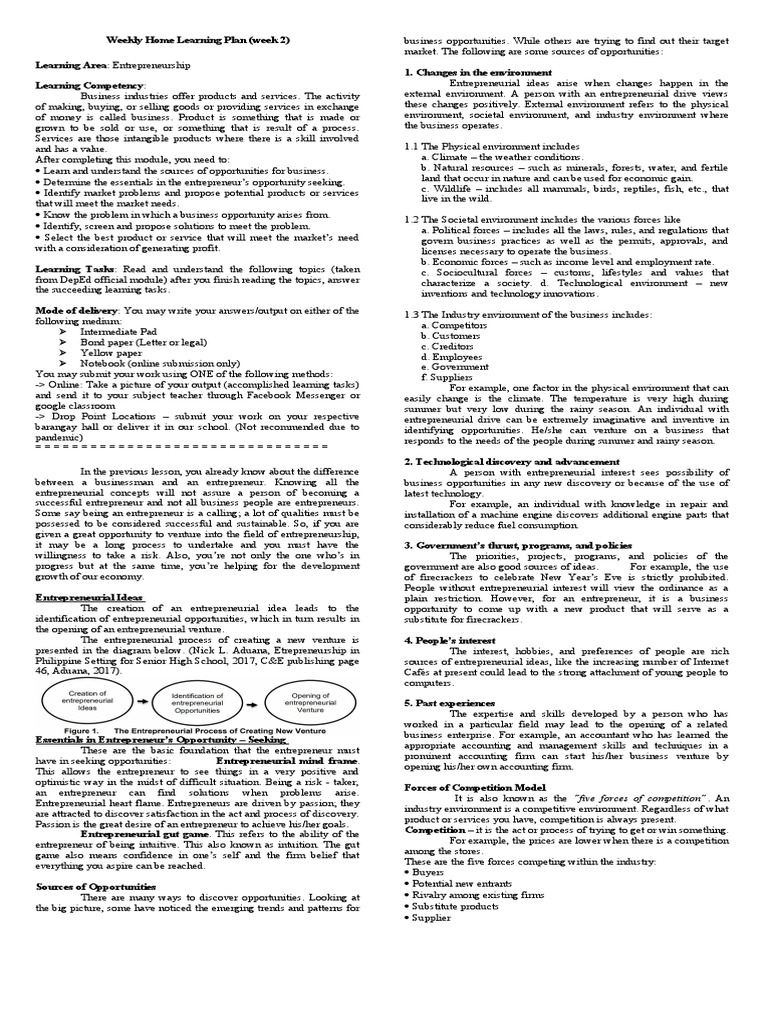 Wk-2-Entrepreneurship G12 Module LAS and WHLP | PDF | Entrepreneurship ...