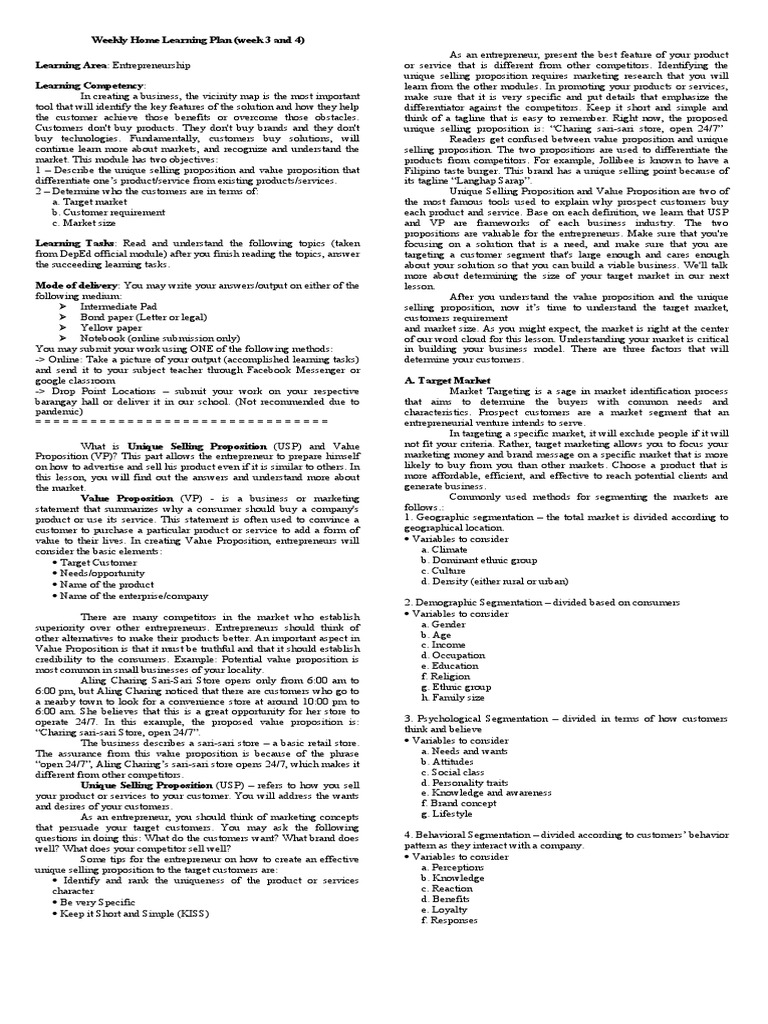 Wk-3-And-4-Entrepreneurship G12 Module LAS and WHLP | PDF | Market ...