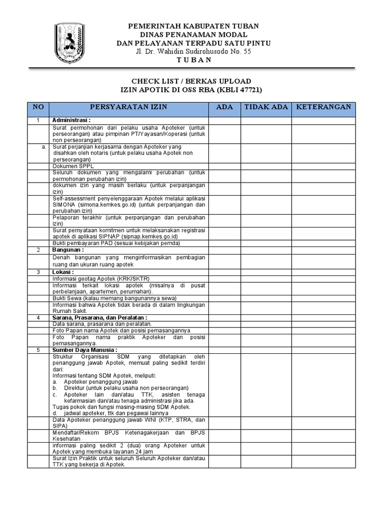 Ceklis Izin Apotik Oss 2022 | PDF