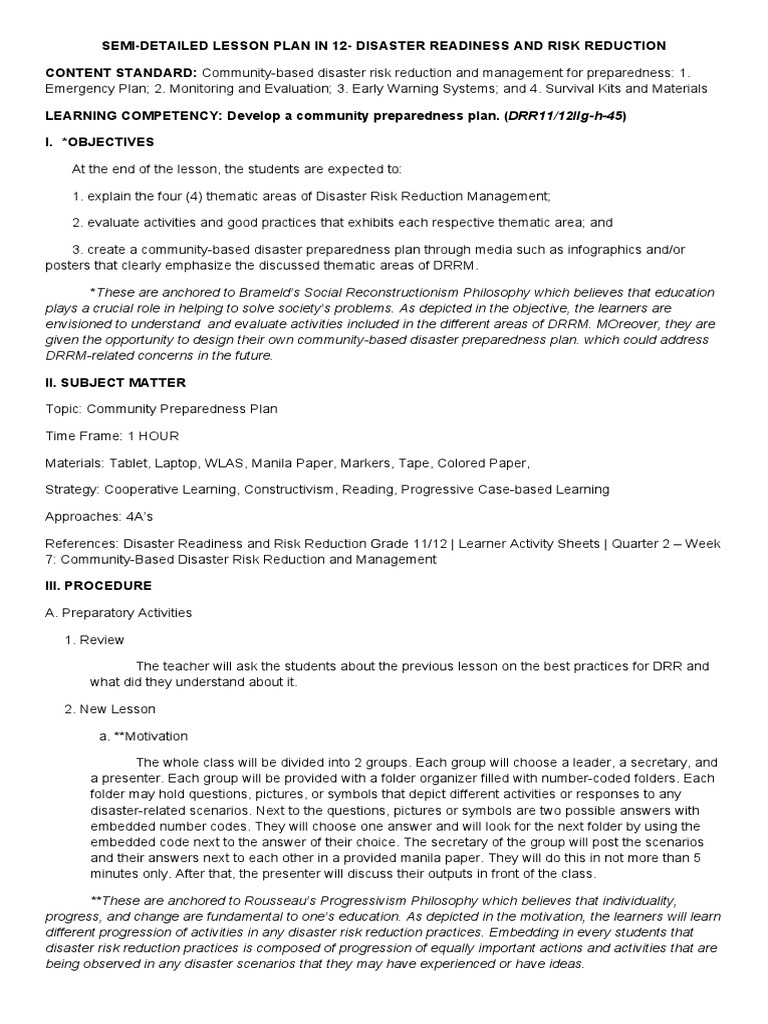 Co2 - Semi-Detailed Lesson Plan in 12 - Disaster Readiness and Risk ...