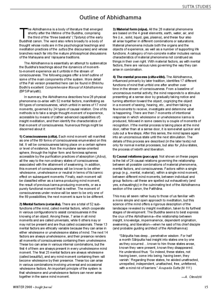Outline of Abhidhamma: - Insight Journal | PDF | Mind | Buddhist Philosophy