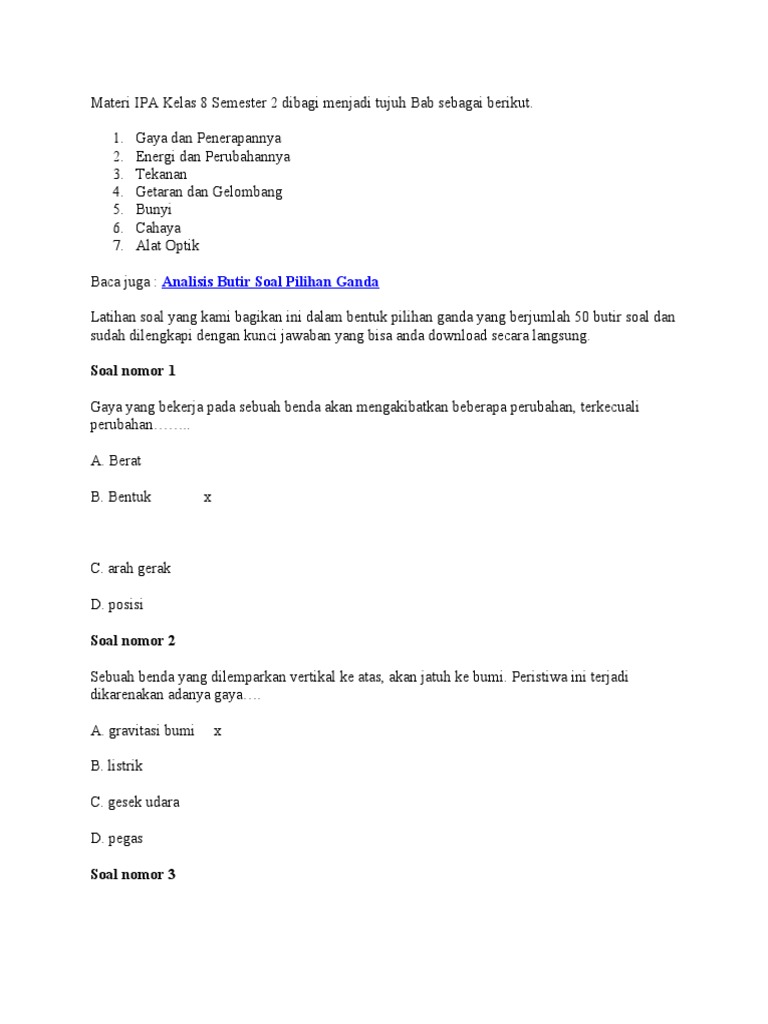 Contoh Soal Uas Ipa Semester 2 Kelas 8 | PDF | Sains & Matematika | Teknologi & Rekayasa